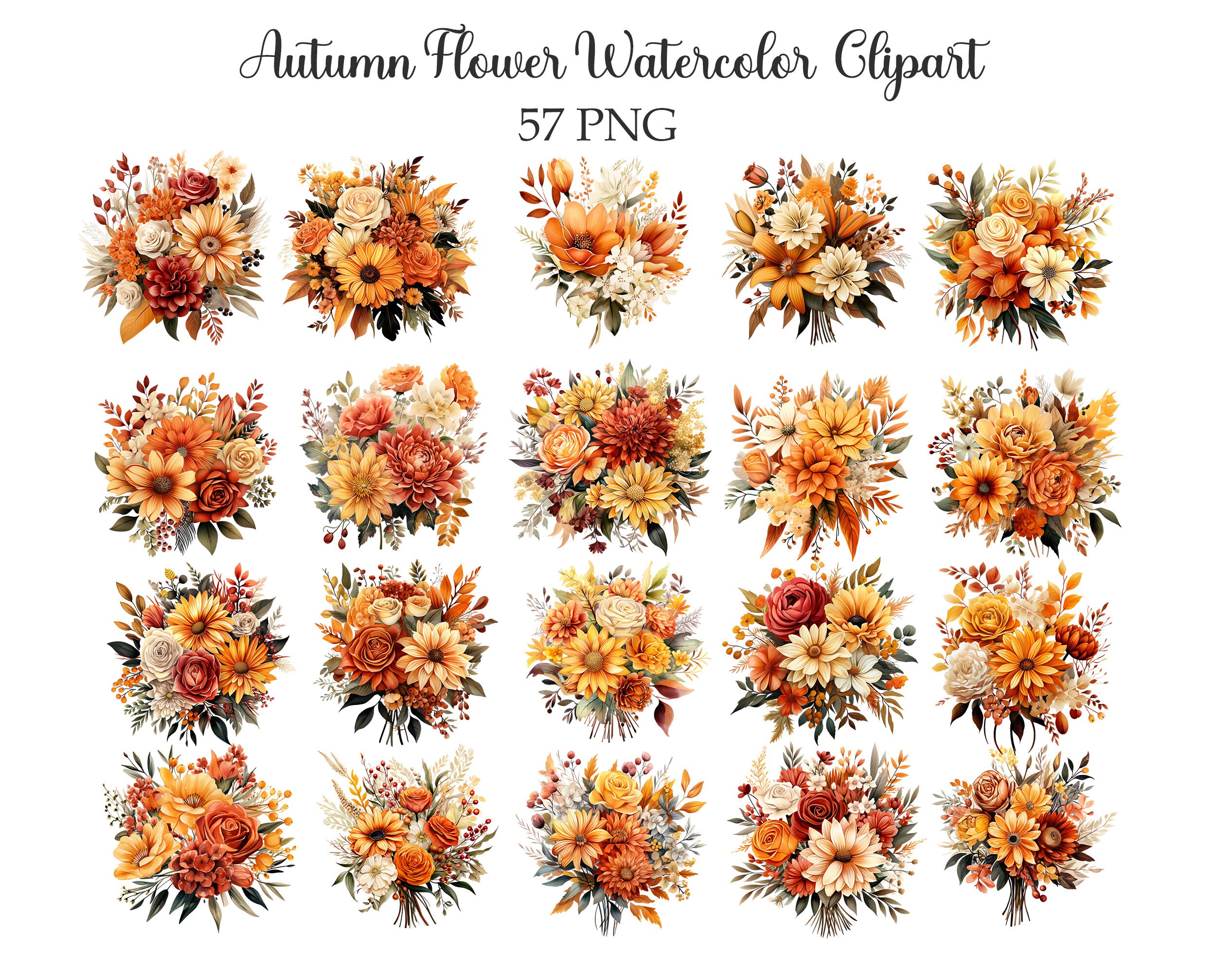 Autumn Flower PNG, Watercolor Fall Flower Clipart Bundle, Floral ...