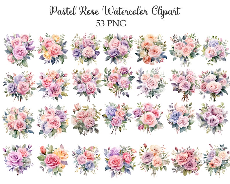 Pastel Rose PNG Clipart, Watercolor Pastel Flower Clipart Bundle, Roses ...
