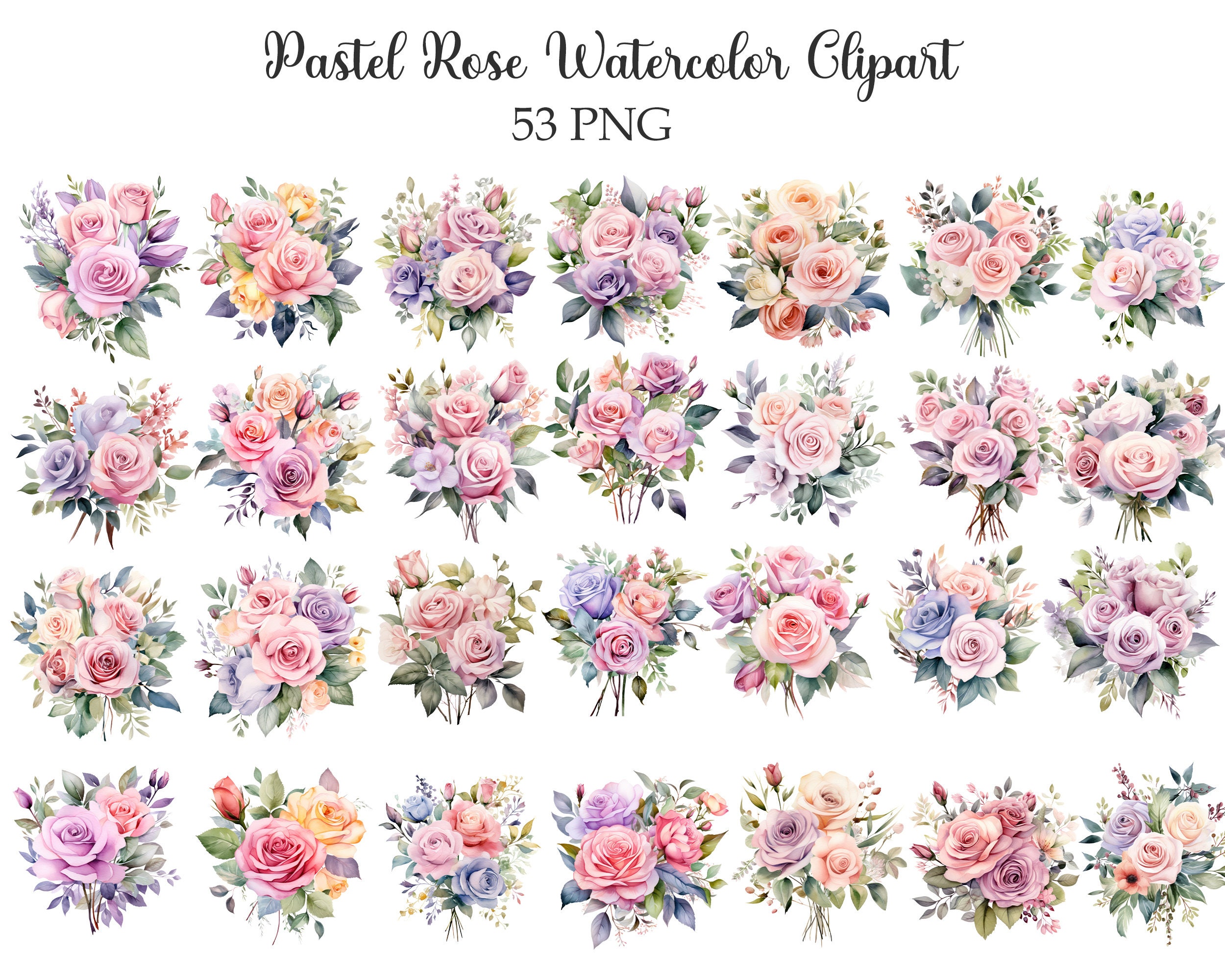 Pastel Rose PNG Clipart, Watercolor Pastel Flower Clipart Bundle, Roses ...