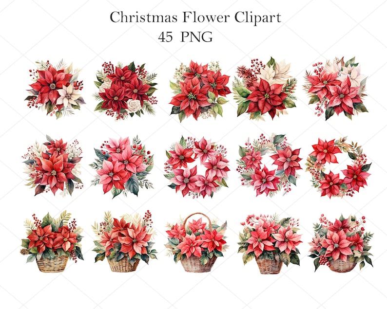 Christmas Flower PNG, Watercolor Poinsettia Clipart, Flower Bouquet ...