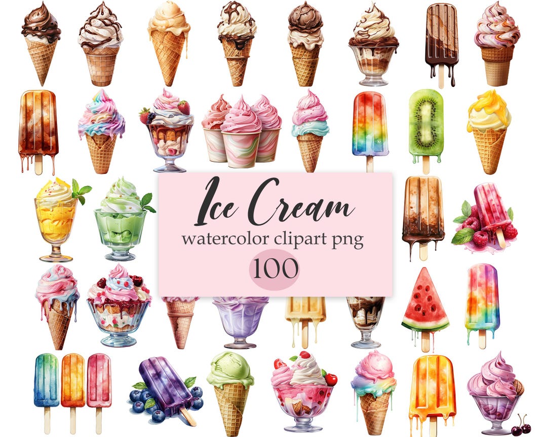 Ice Cream Clipart Bundle, Watercolor Dessert PNG, Digital Download - Etsy