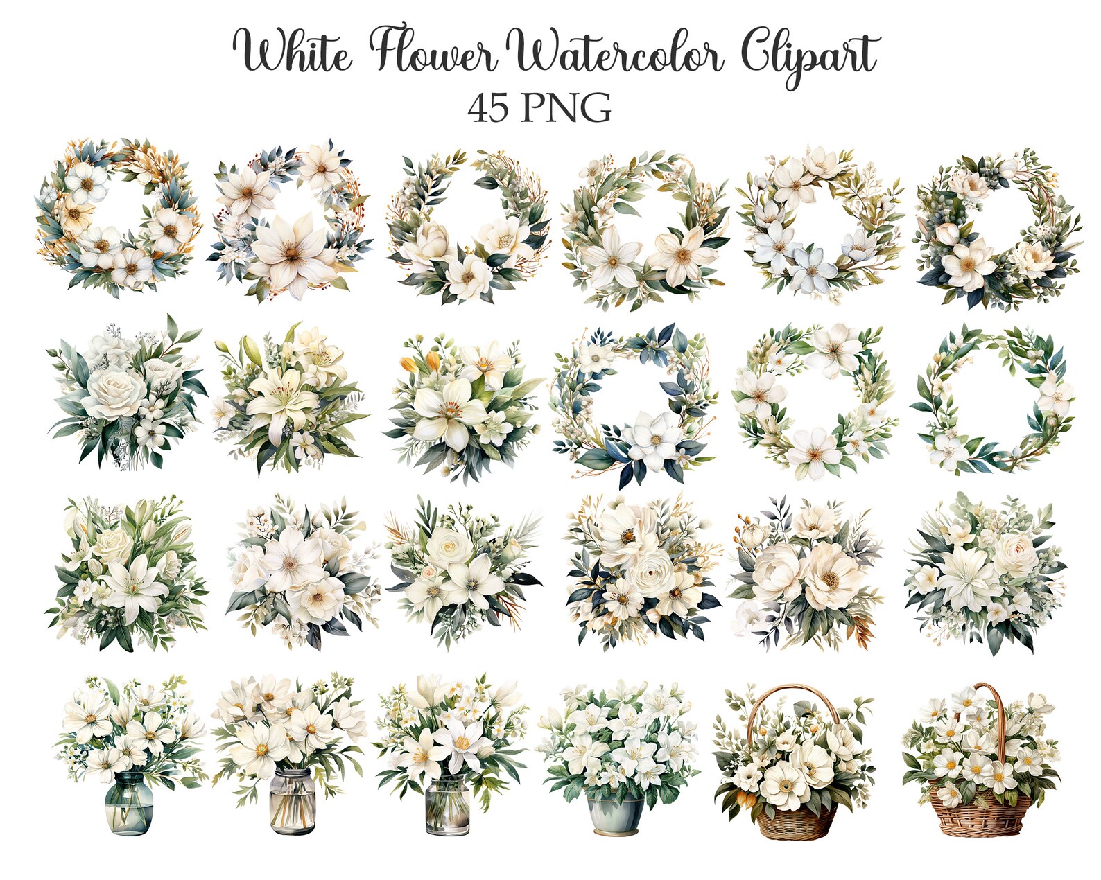 White Flower PNG, Watercolor White Floral Clipart, Flower Bouquet ...
