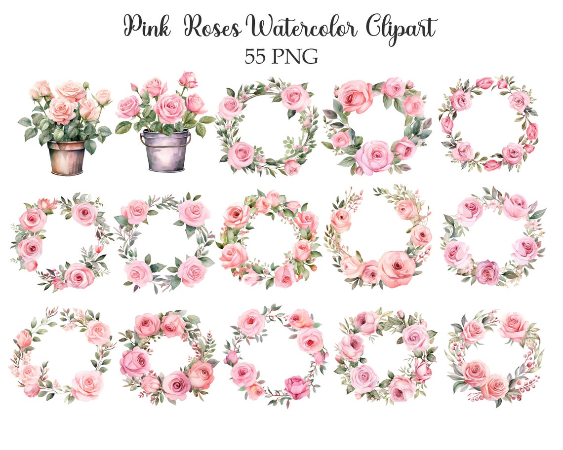 Pink Rose PNG, Watercolor Pink Rose Clipart Bundle, Wedding Bouquet ...