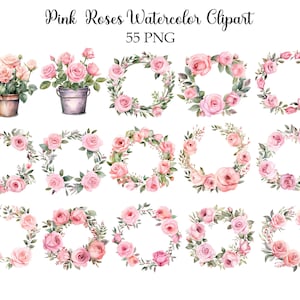 Pink Rose PNG, Watercolor Pink Rose Clipart Bundle, Wedding Bouquet ...