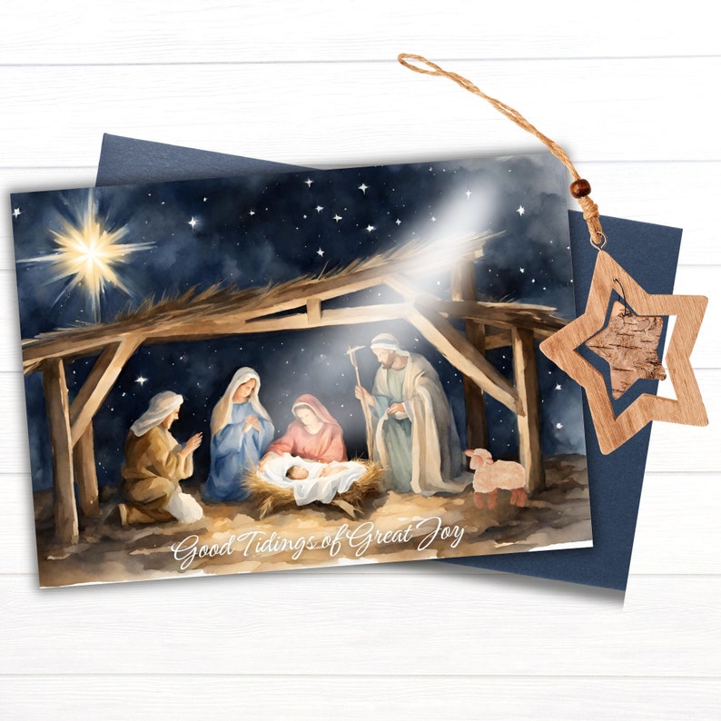 Nativity Scene Christmas Card Mary Joseph Baby Jesus Watercolor Digital ...