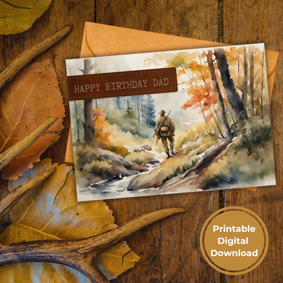 Printable Hunting Birthday Card for Dad, Fall Scene, Watercolor ...