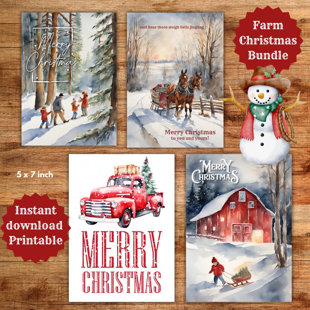 Printable Farm Christmas Card Bundle, Card Set of 4, Rustic, Country ...