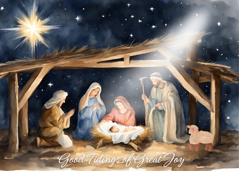 Nativity Scene Christmas Card Mary Joseph Baby Jesus Watercolor Digital ...
