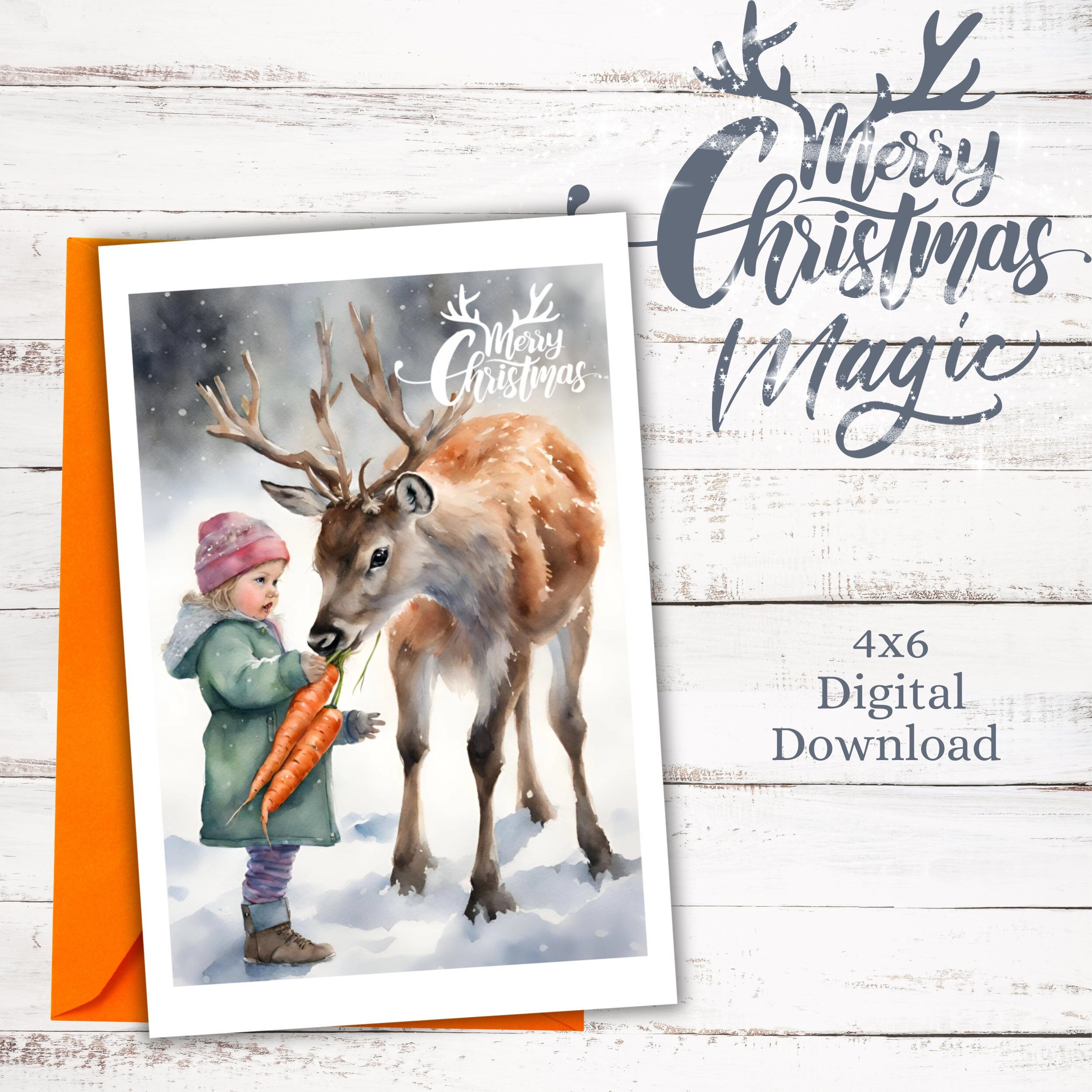 Christmas Card Printable Christmas Reindeer Watercolor Christmas Magic ...