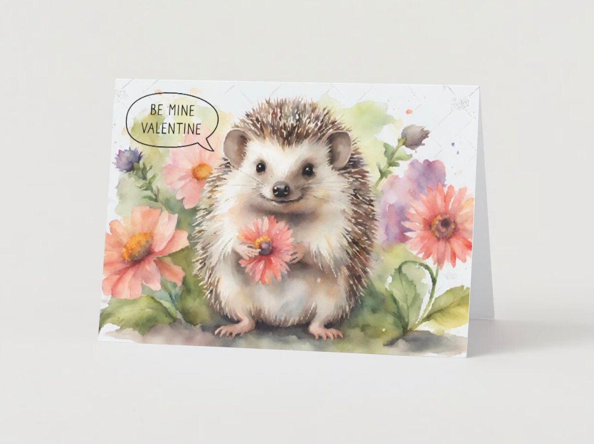 Printable Valentines Day Card Watercolor Hedgehog Flowers Happy ...