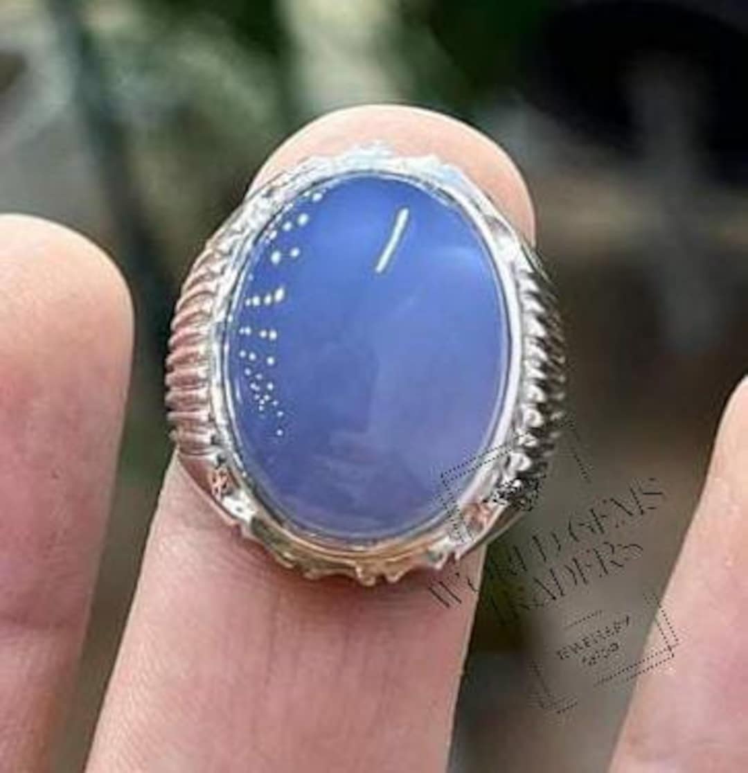 Natural Blue Agate Ring for Men Sterling Silver 925 Ring Handmade Ring ...