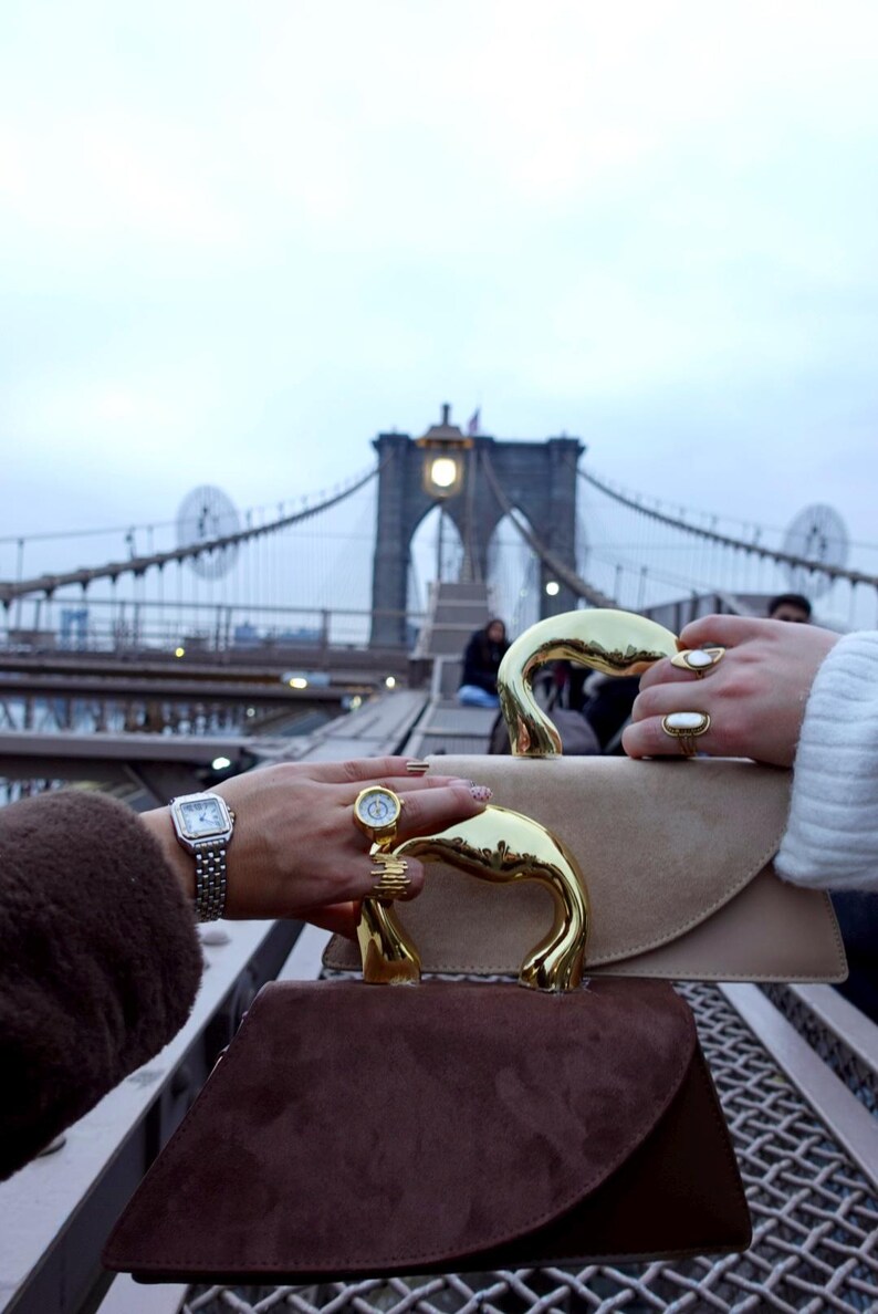 Beige Suede Handbag, Handmade Minimalist Purse With Gold Sculpted ...