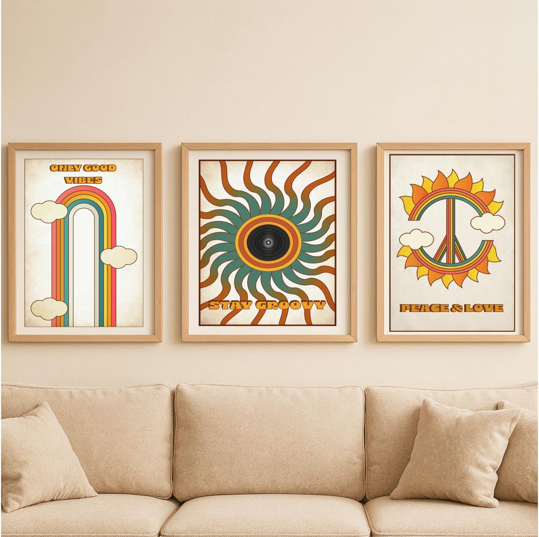 Retro 70s Wall Art Set | Groovy Sunshine, Good Vibes, Peace & Love ...