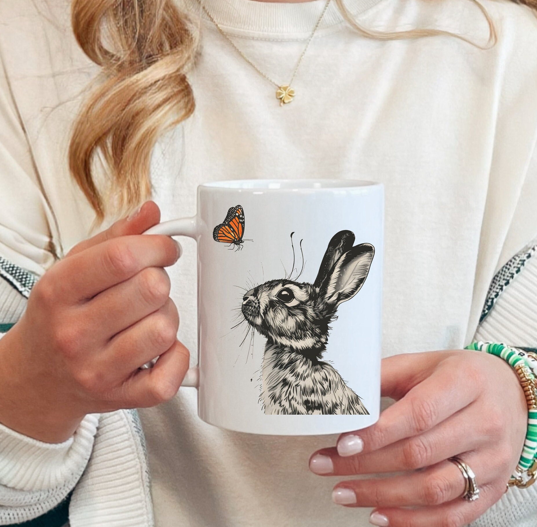 Sweet Bunny & Butterfly Ceramic Mug 15oz Rabbit Lover Gift Rabbit ...