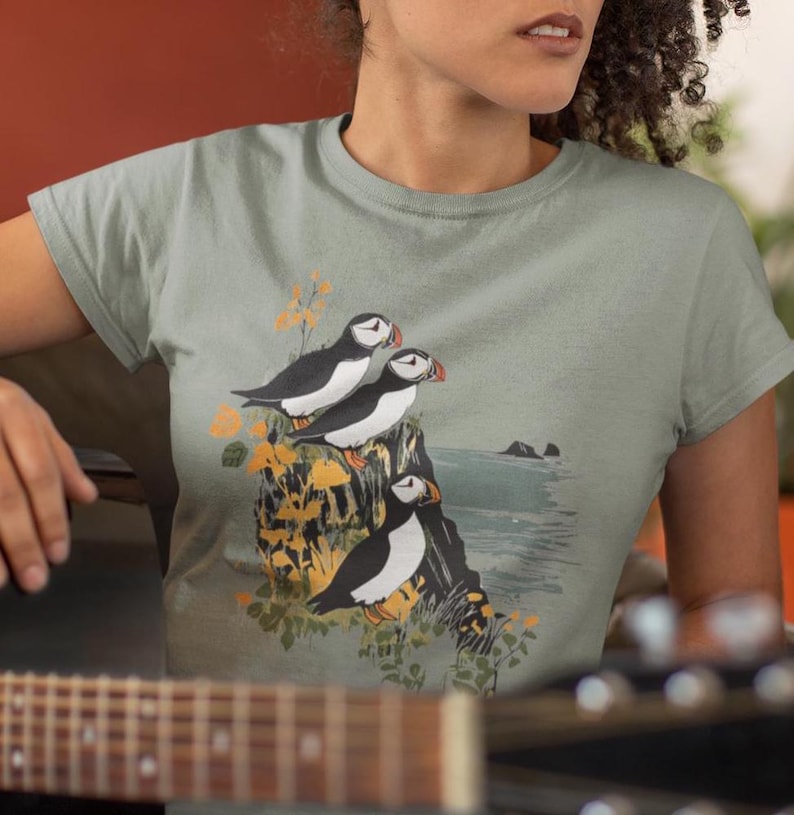 Atlantic Cliffside Puffins Print Unisex Bella & Canvas T Shirt | Bird ...