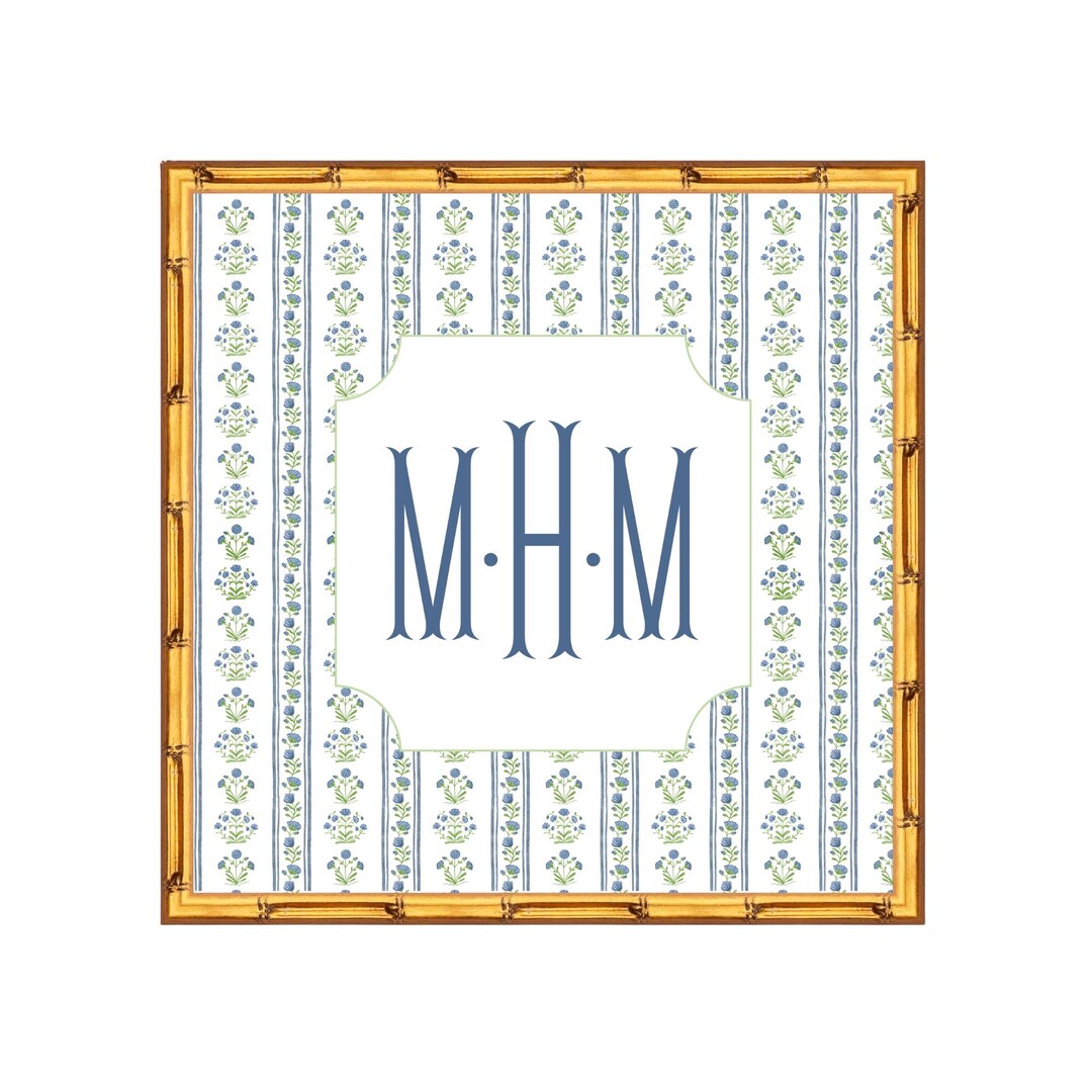 Custom Blue Monogram Print, Coastal Prints, Floral Block Print Art ...