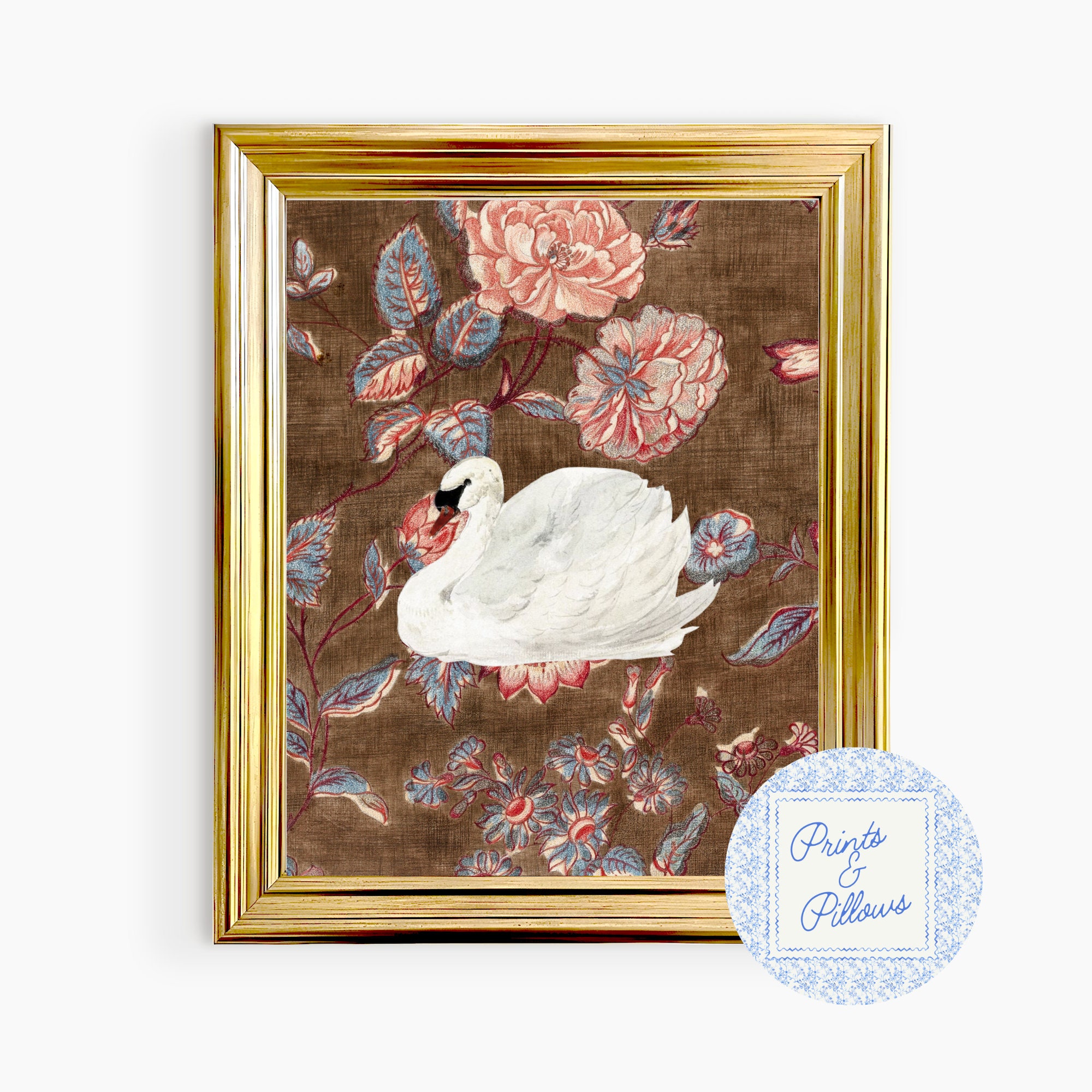Vintage Swan Print, Textile Art Decor, French Country Farmhouse ...