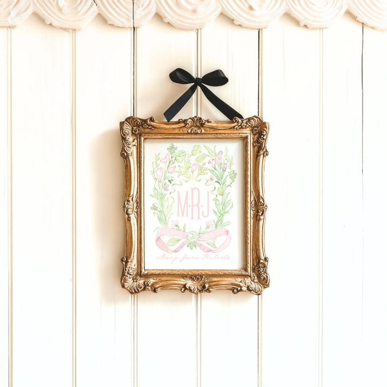 Custom Pink Monogram Art for French Nursery, Cottage Core Nursery, Bow ...