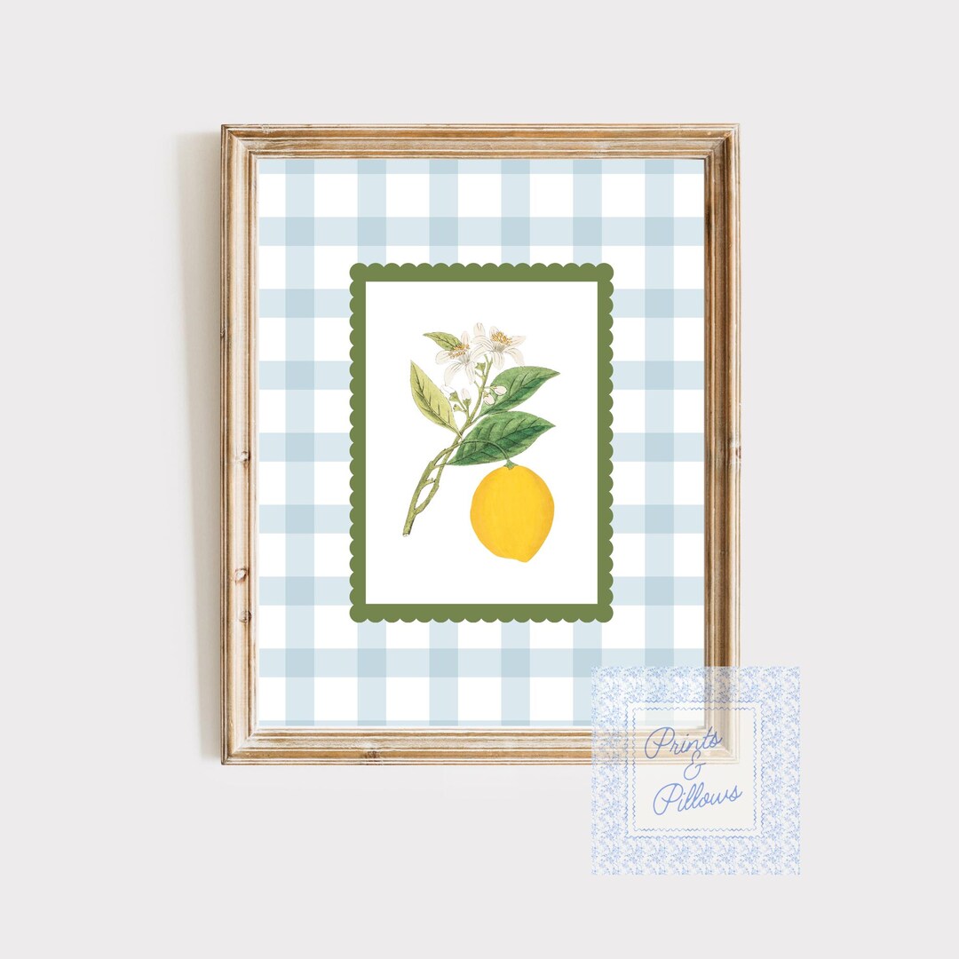 Blue Gingham Lemon Art Print, Coastal Grand Millennial, Citrus Art for ...