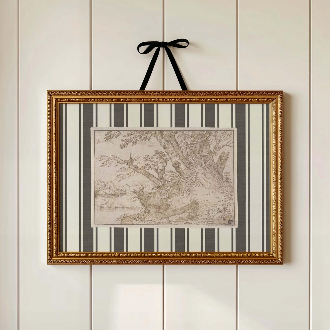 Striped Toile Print: Brown & White Chinoiserie, Vintage French Country ...