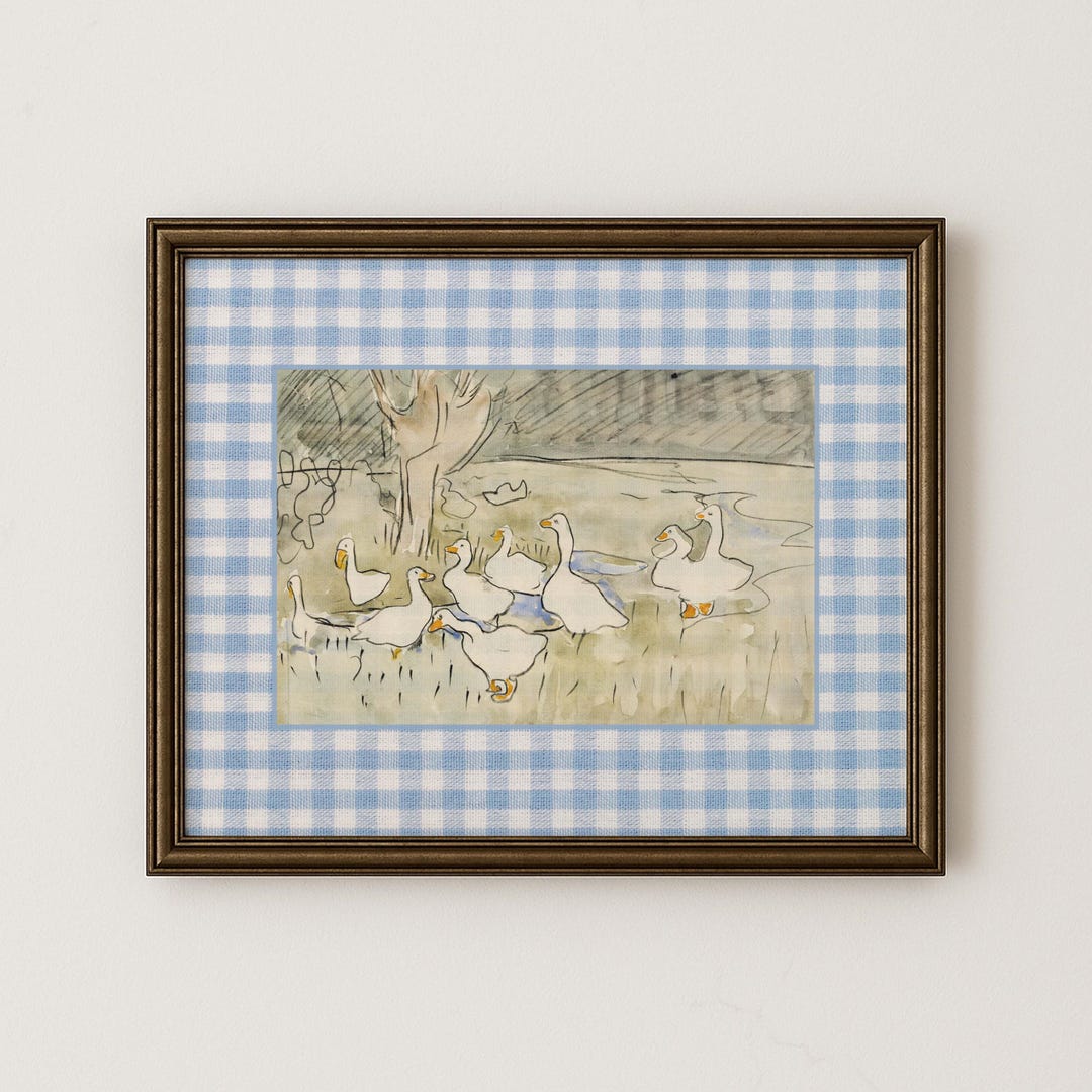 Farmhouse Goose Art Print, Vintage Ducks Digital Download, Gingham Wall ...