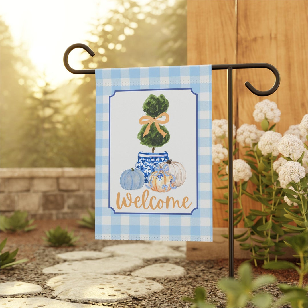 Preppy Fall Pumpkin Gingham Garden Banner, Blue Chinoiserie Topiary ...