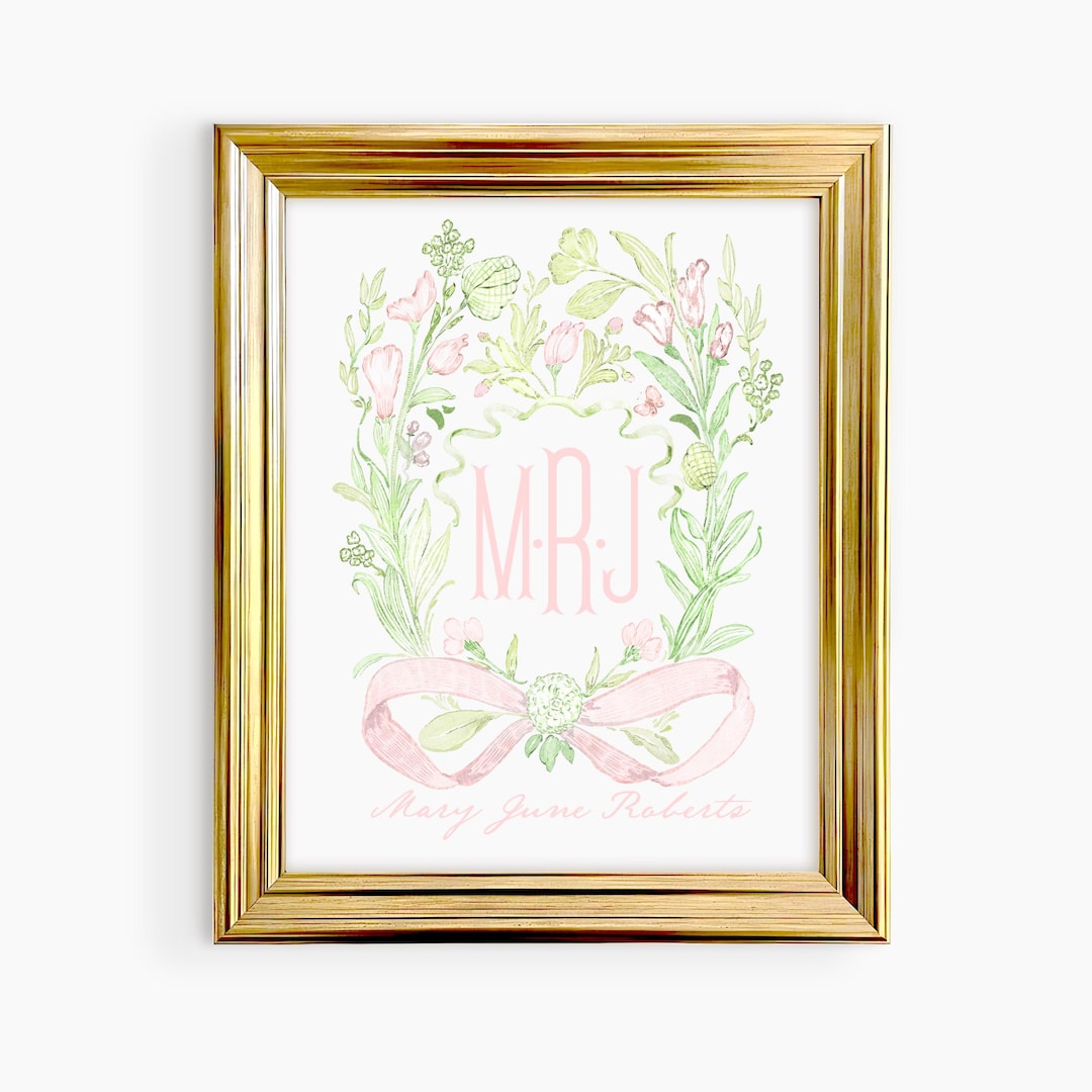 Custom Pink Monogram Art for French Nursery, Cottage Core Nursery, Bow ...