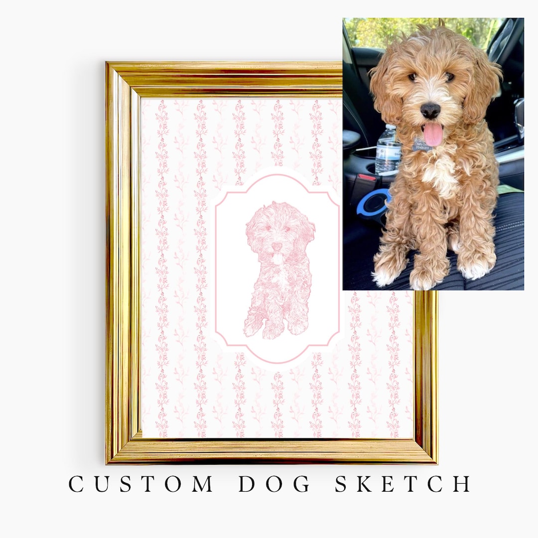 Custom Pet Sketch, Chinoiserie Dog Art, Custom Dog Art, Pink and White ...
