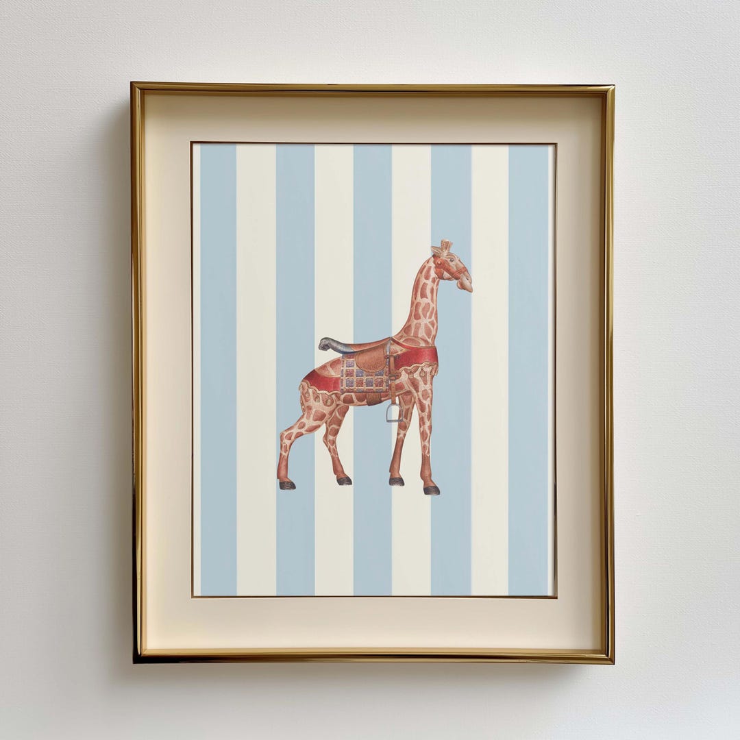 Blue Striped Giraffe Art Print: Vintage Nursery Decor (digital Download ...