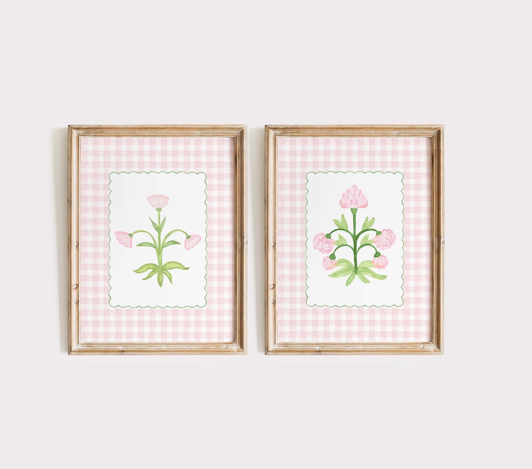 Pink Gingham Floral Print Set: Coquette Nursery Wall Art - Etsy