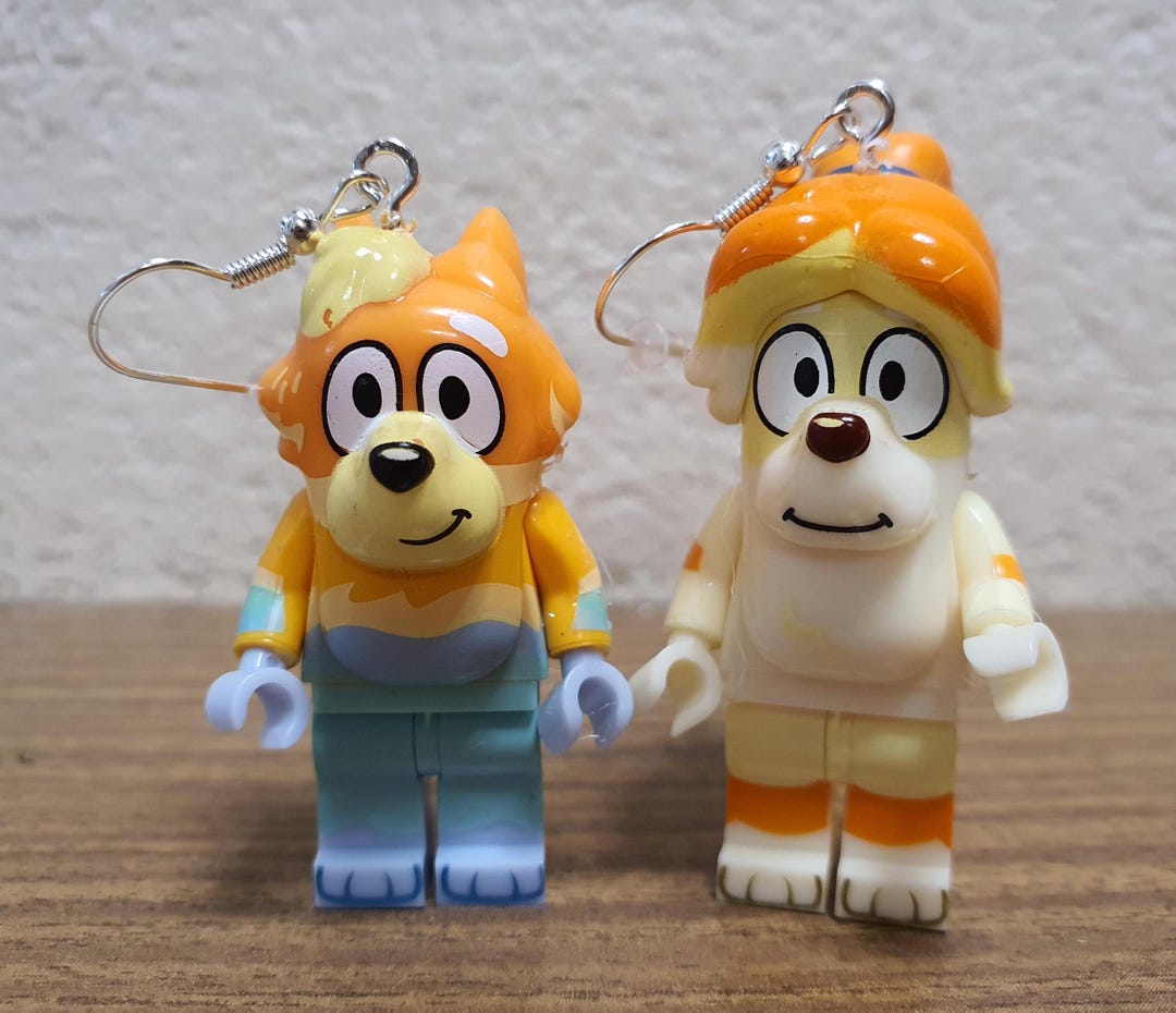 Bluey, Uncle Rad and Frisky Minifigure Earrings. - Etsy