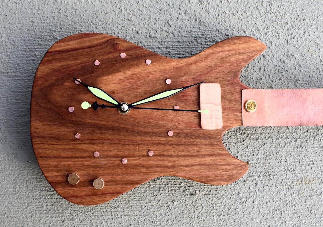 Wood Guitar Clock 2 With Copper Neck Approx. 23 Tall X 7 1/2 Wide X 1/2 ...