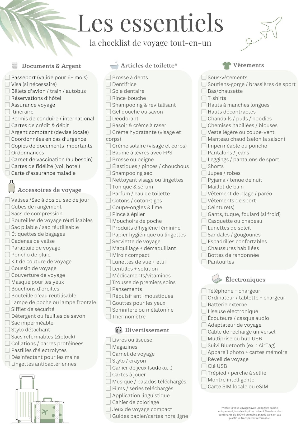 Checklist De Voyage à Imprimer Français – Liste Valise PDF Bohème ...