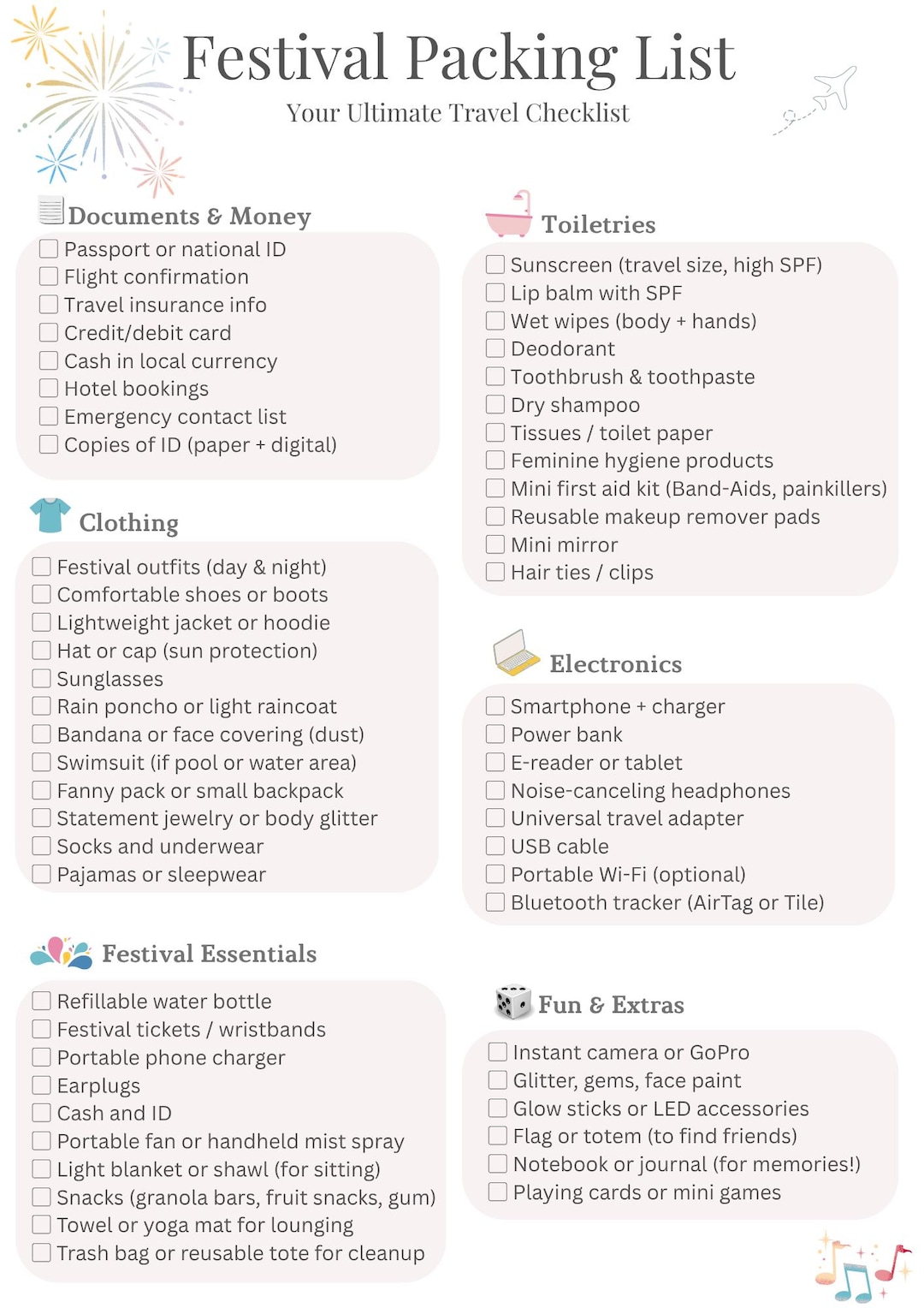 Festival Packing List | Printable PDF Checklist for Music Festivals ...