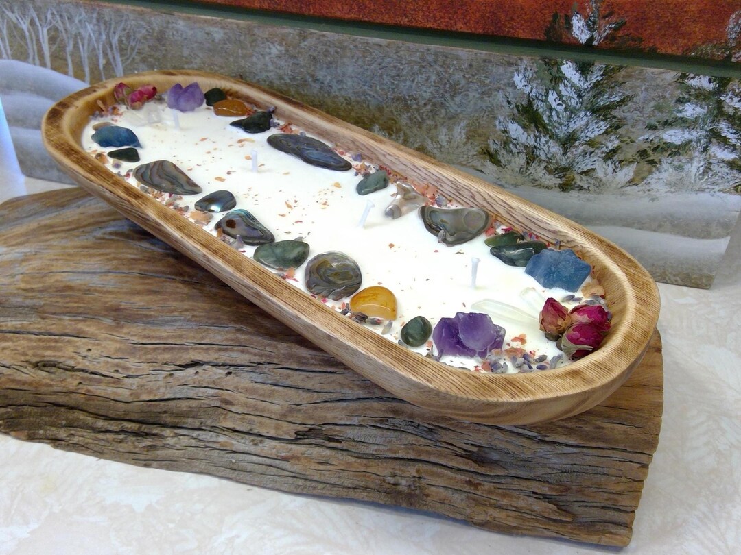 Large Oval Dough Bowl Candle, Organic Soy Wax, Crystal Gemstones, Four ...