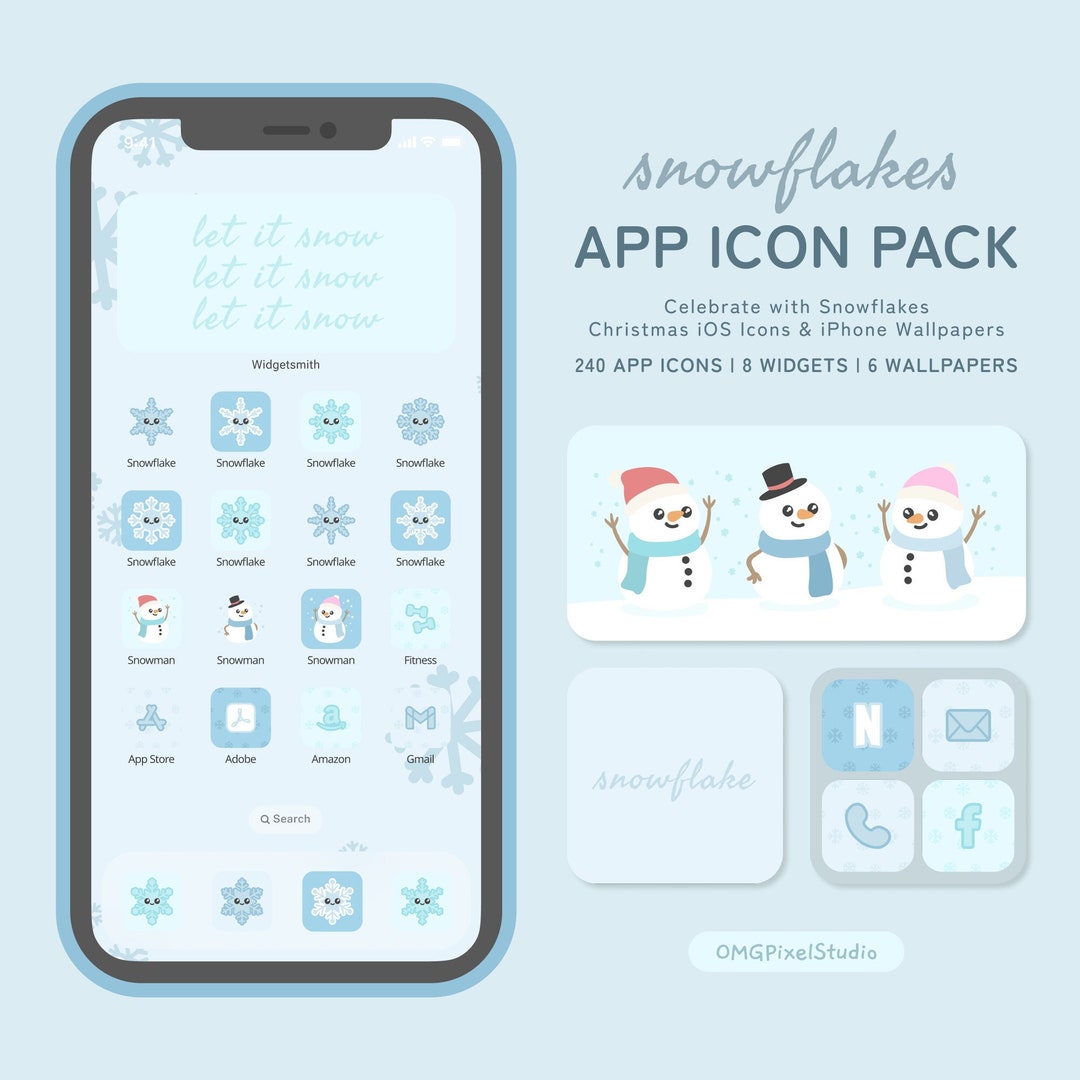 Snowflakes Ios Icons: Blue Aesthetic, Christmas App Set With Wallpapers ...