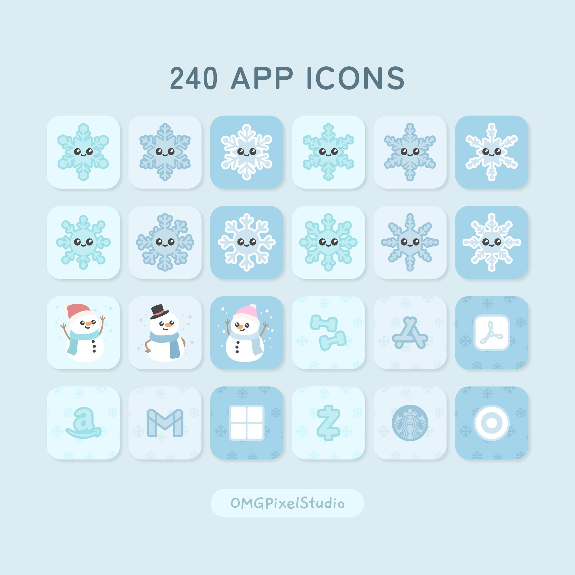 Snowflakes Ios Icons: Blue Aesthetic, Christmas App Set With Wallpapers ...