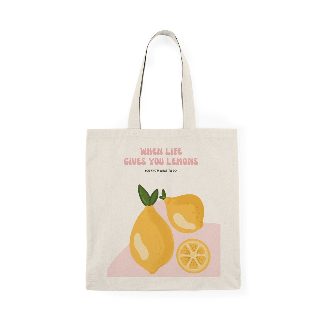 Lemon Tote Bag Yellow & Pink Design, Hand-drawn Artwork, Reusable Eco ...