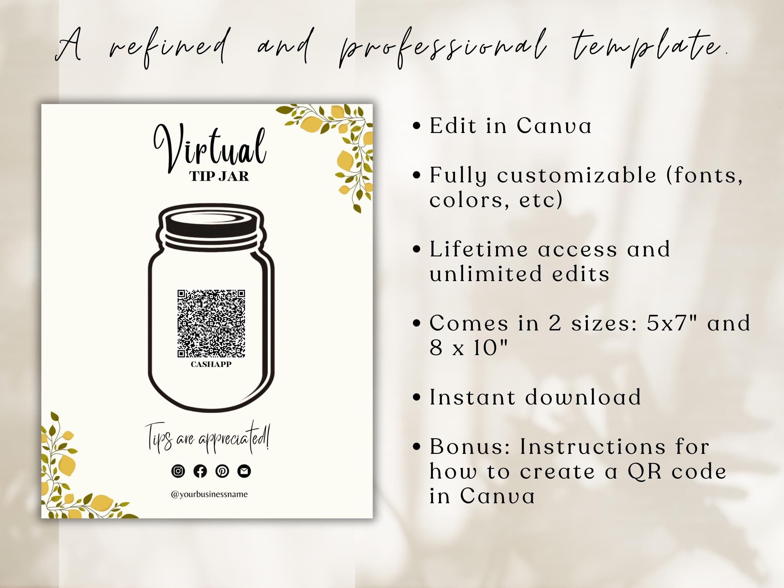 Virtual Tip Jar Printable, Venmo Payment Sign, Cashless Tip Jar, QR ...