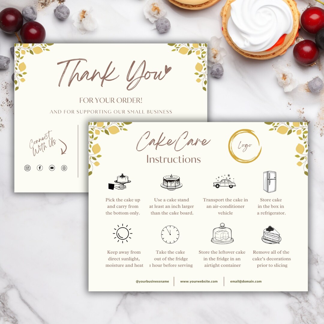 Cake Care Card Template, Thank You Card, Wedding Cake Care Instructions ...
