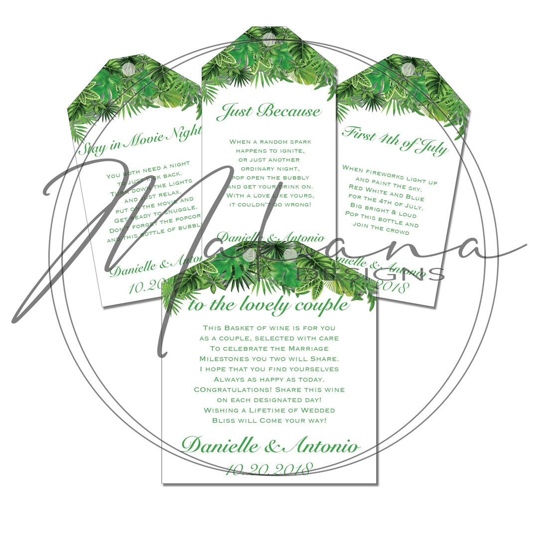 Personalized Tropical Wine Tags – Marriage Milestones Gift (set of 16 ...