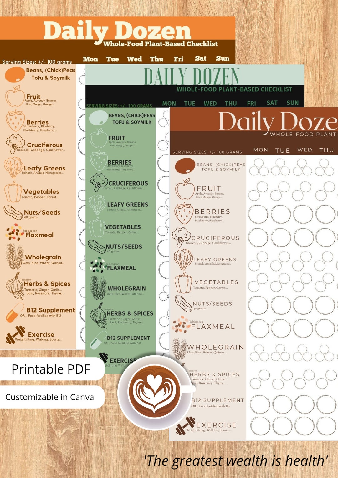 Daily Dozen Weekly Checklist / 3 Designs /printable PDF and Digital ...