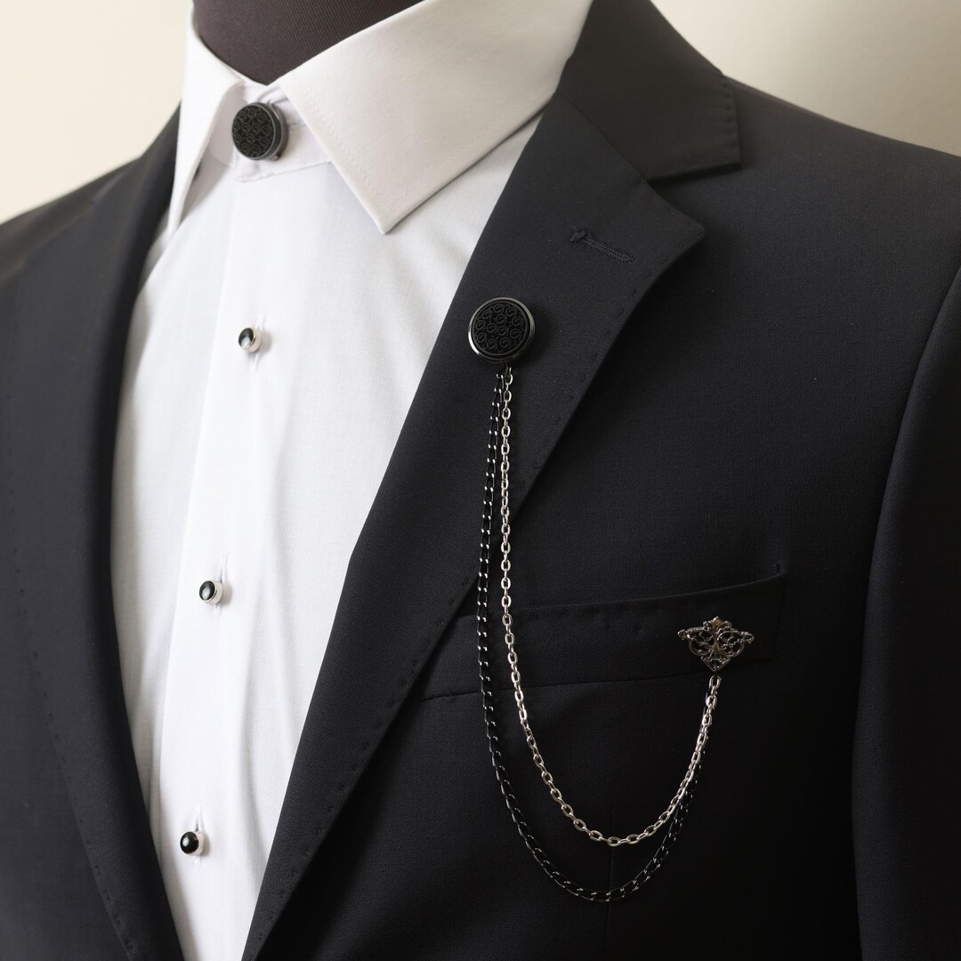 Hand Made Black Collar Chain Brooch, Shirt Button Cover, and Cufflink ...