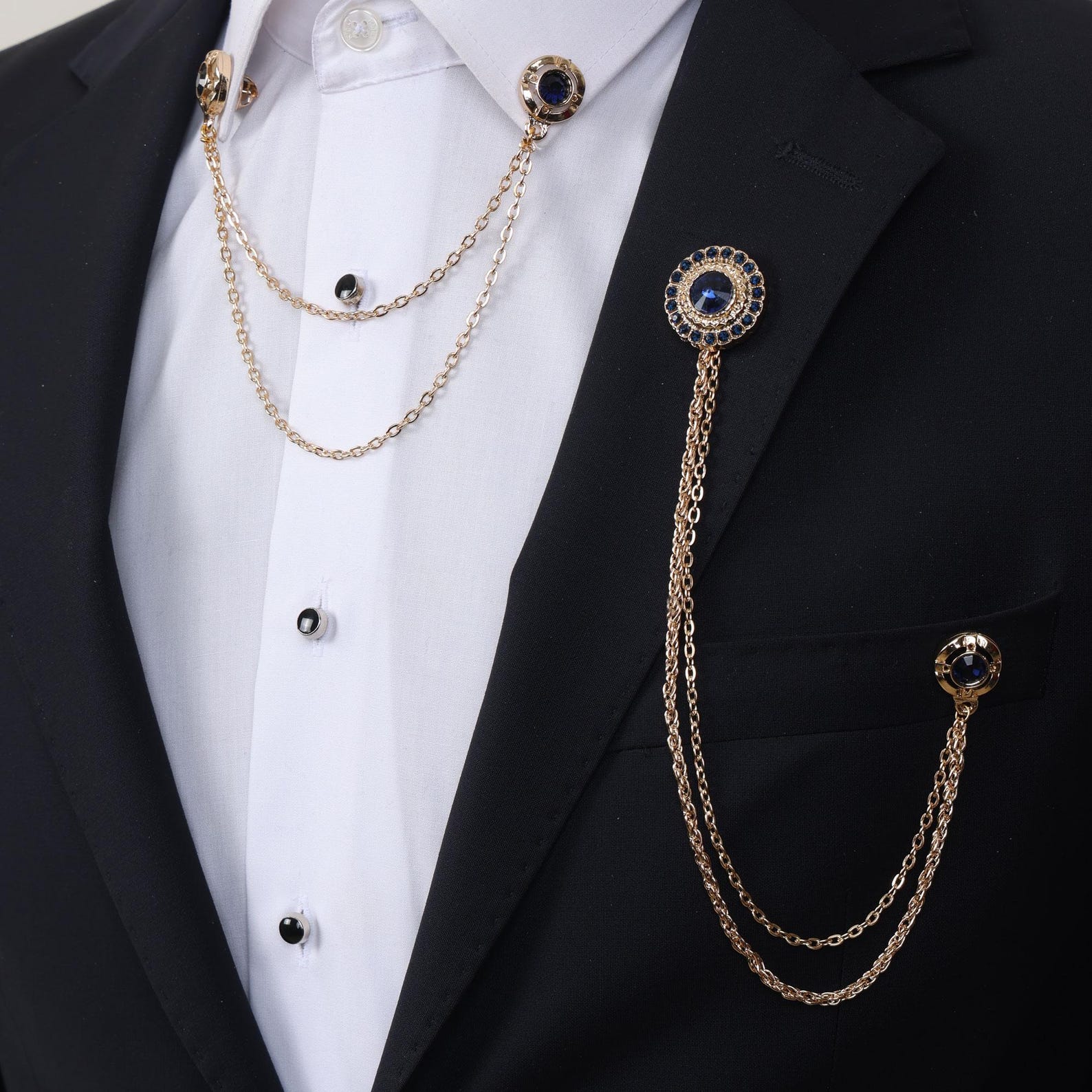 Jacket and Shirt Chain Lapel Brooch With Navy Blue Stone, Wedding ...
