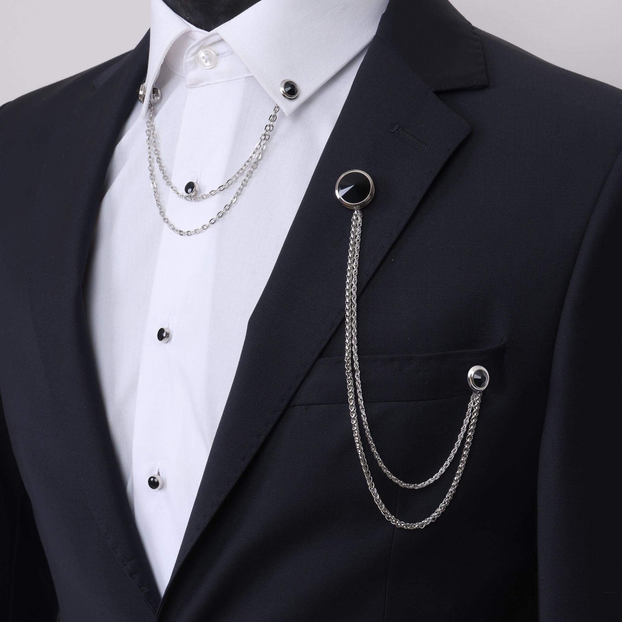 Silver Jacket & Shirt Chain Brooch With Black Stone - Etsy