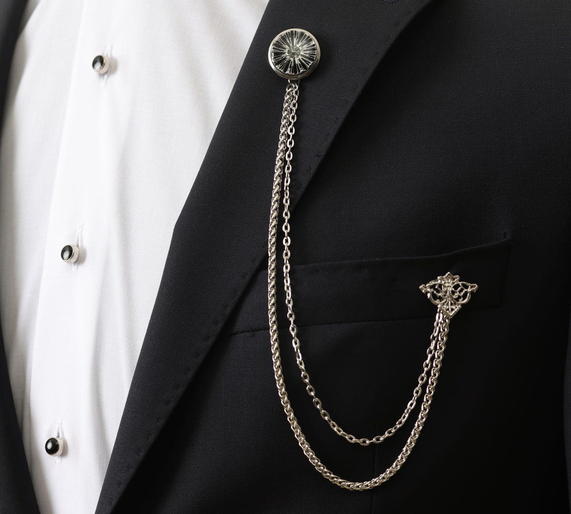 Handmade Silver Chain Collar Brooch, Shirt Button Cover Cufflink Set - Etsy