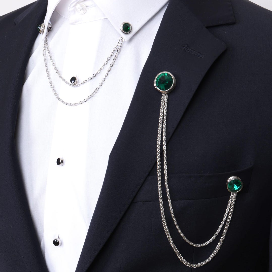 Jacket and Shirt Chain Lapel Brooch With Green Stone, Wedding Accessory ...