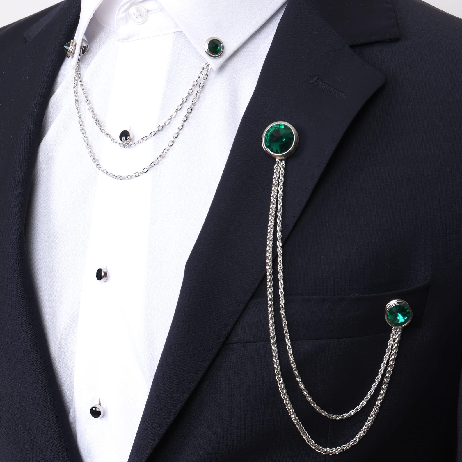 Jacket and Shirt Chain Lapel Brooch With Green Stone, Wedding Accessory ...