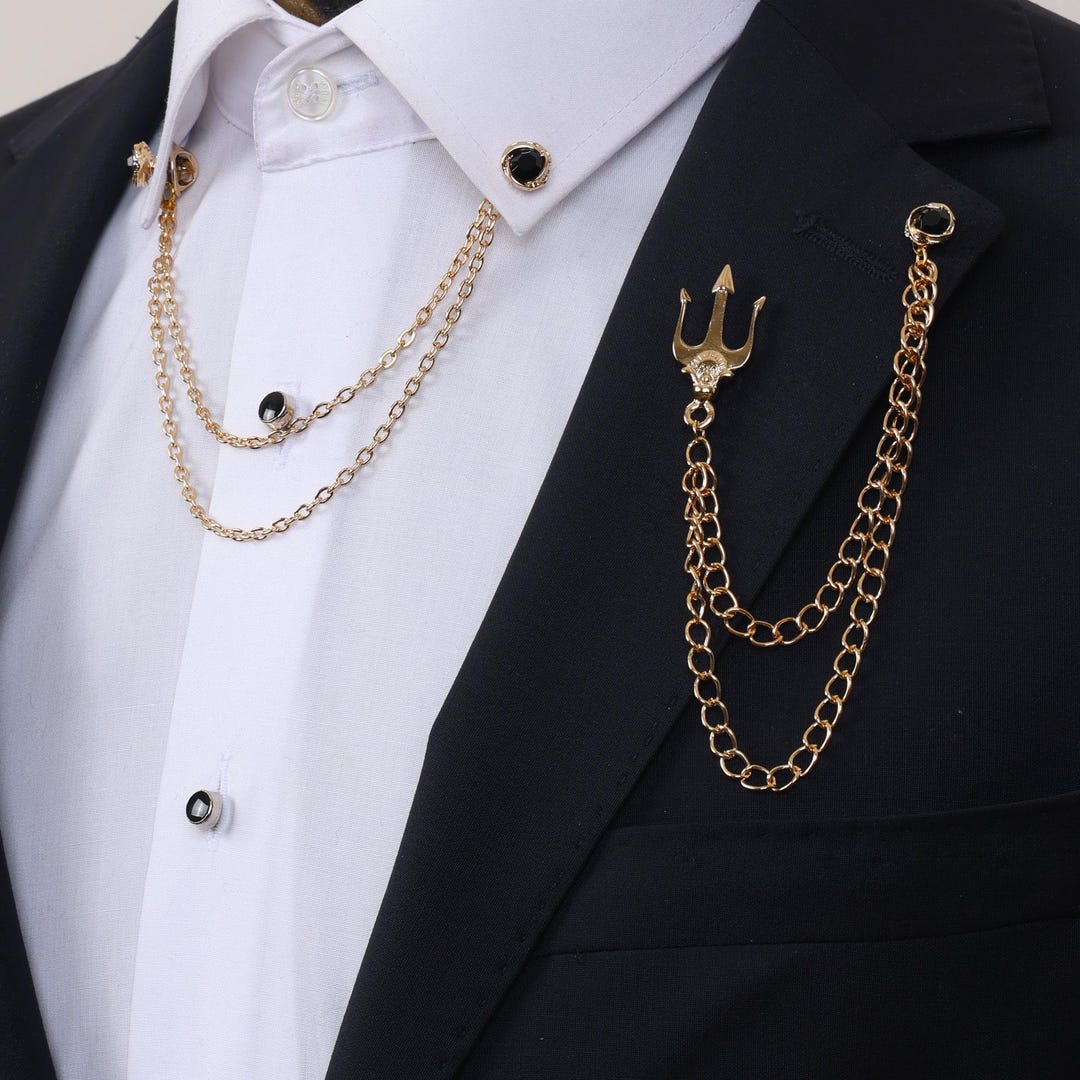 Poseidon Sword Lapel Chain, Gold & Silver Coat Lapel Chain, Shirt Lapel ...