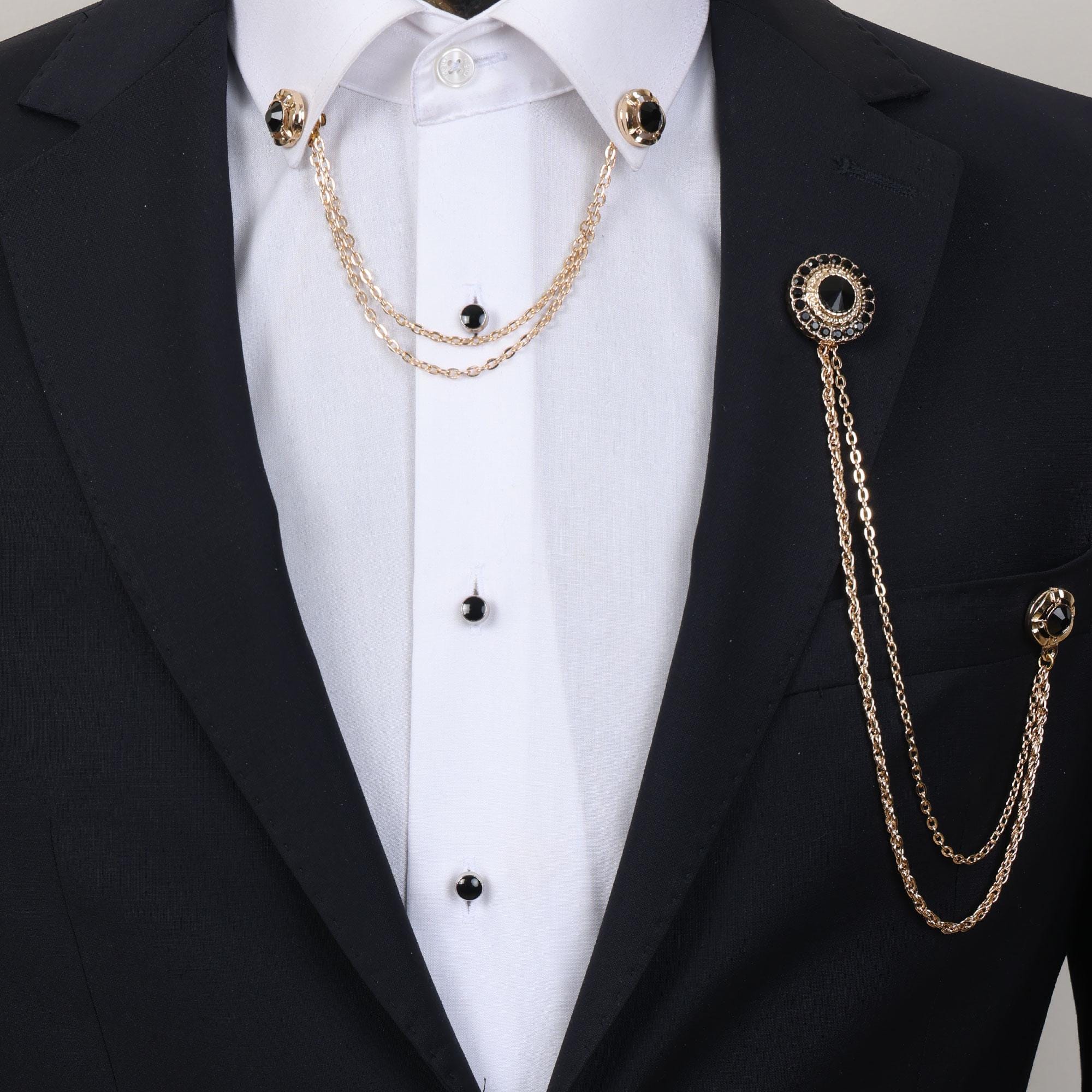 Gold Chain Lapel Brooch With Black Stone, Men's Wedding Accessory - Etsy
